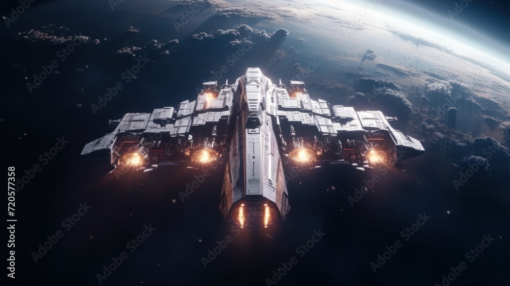 Spaceship in the Universe, spacecraft flying in deep space with stars ...