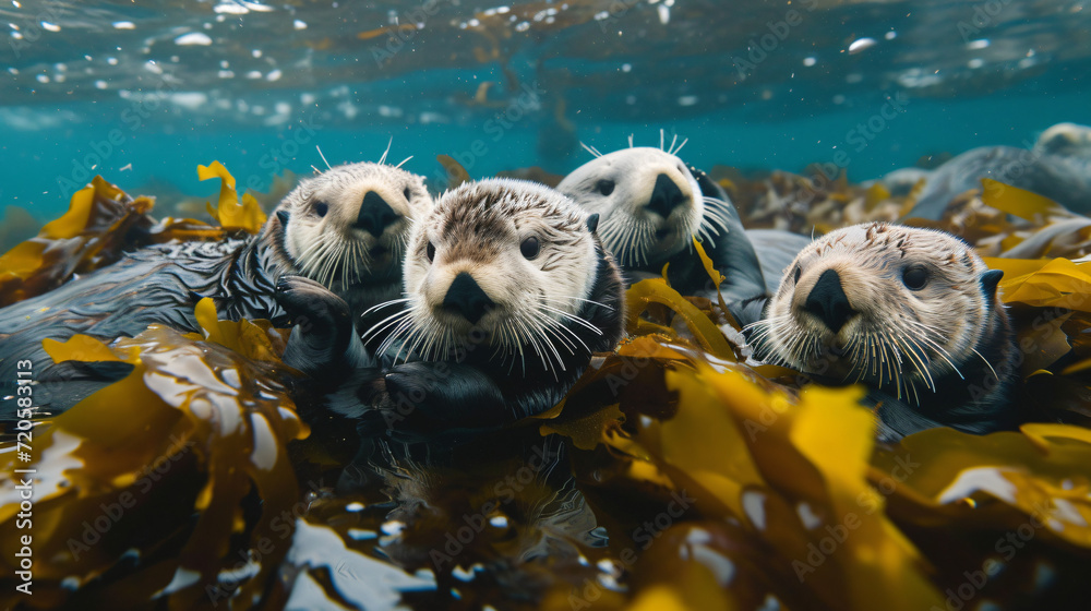 A group of playful sea otters floating in a kelp forest their endearing ...