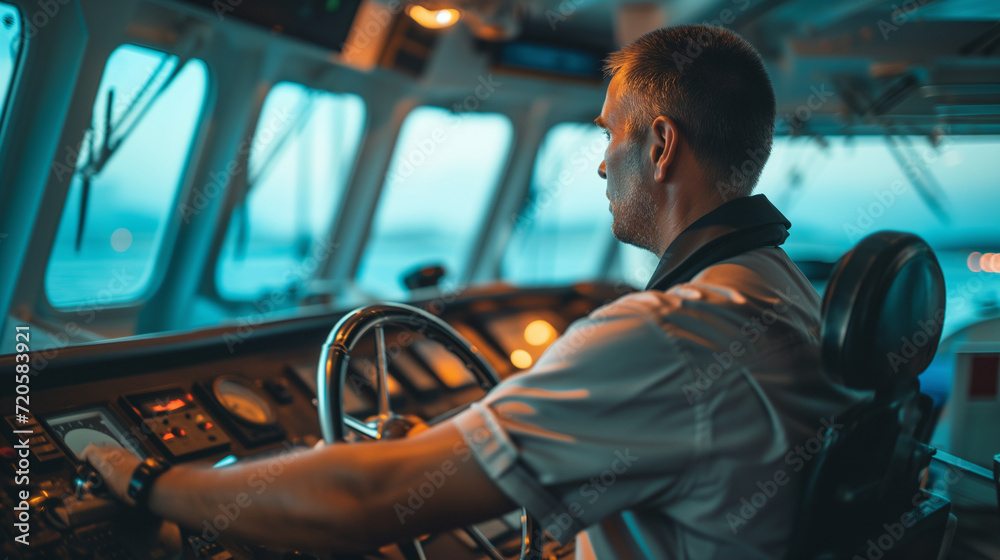 The ship's captain confidently steers the vessel from the captain's ...