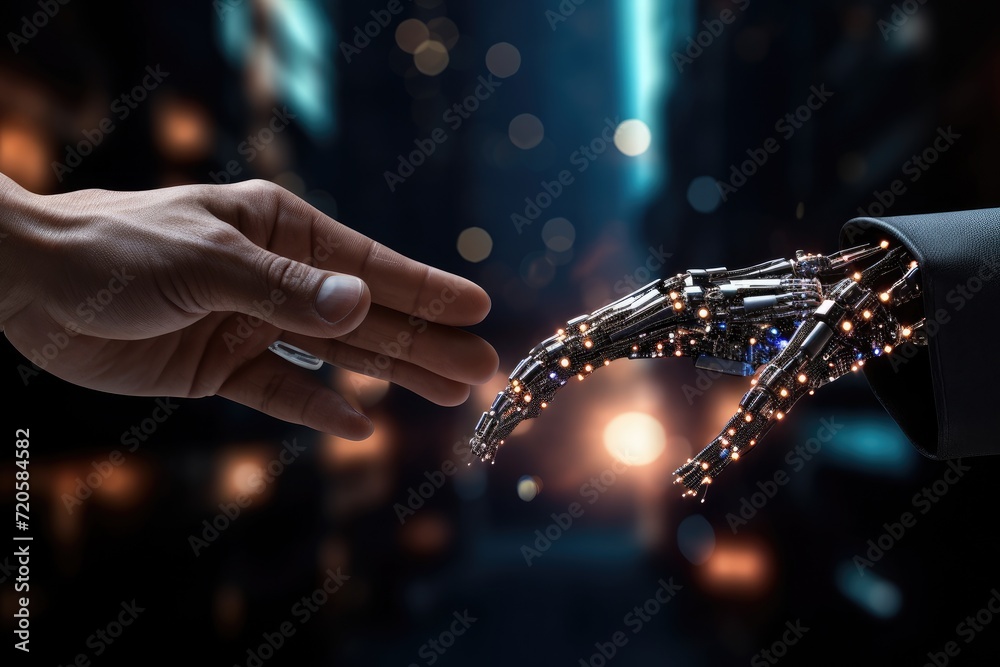 Two hands reaching out towards each other, illuminated by soft, glowing lights, Technology meets ...
