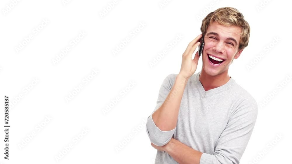 Phone call, funny and man with a smile, conversation and model isolated ...