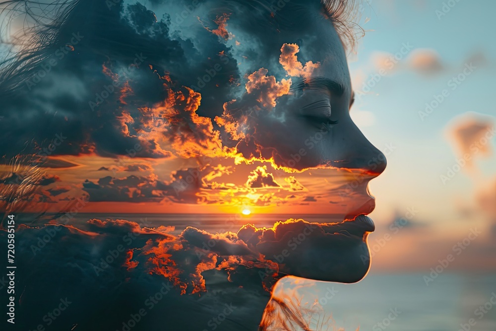 Double exposure silhouette of a woman's face with a cloudy sunset sky ...