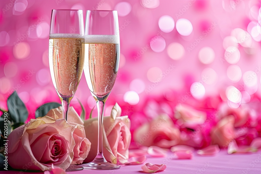 Photo of champagne and roses with a pink theme Stock Photo | Adobe Stock