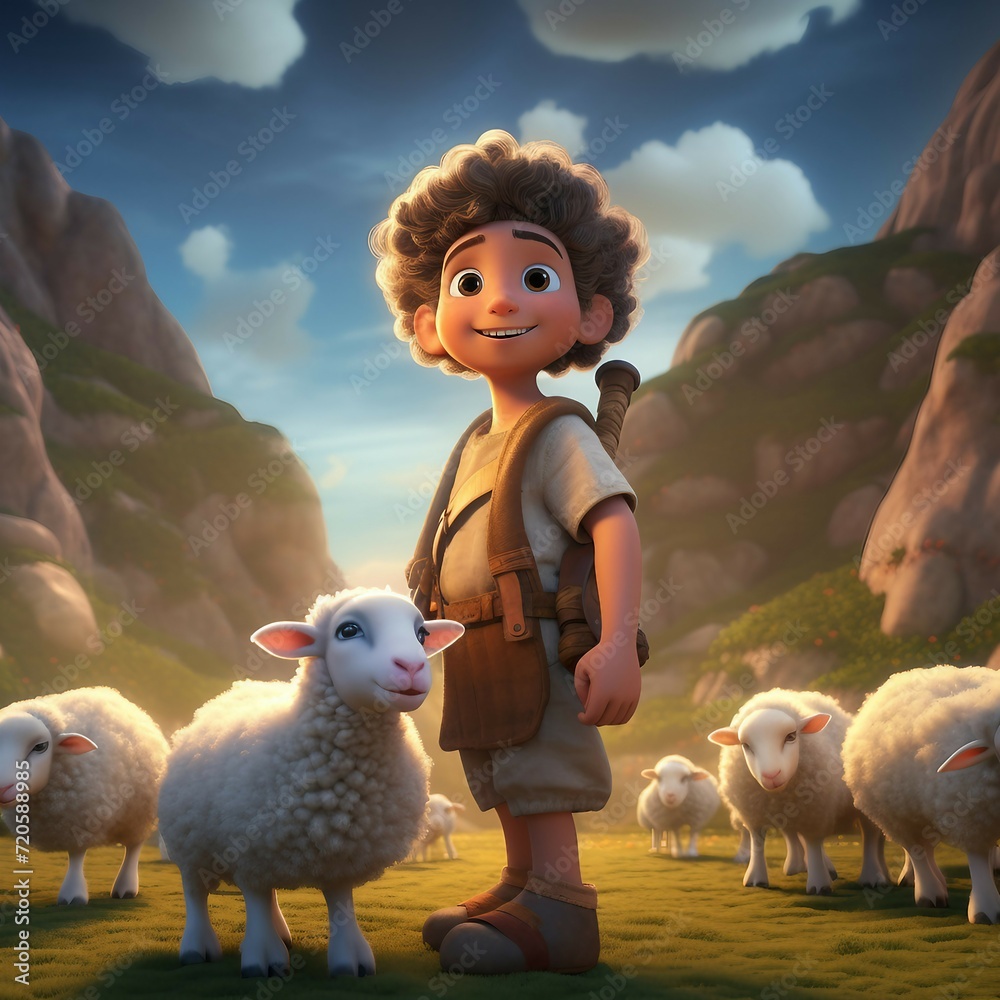 illustration of the bible character David with his staff and the sheep ...