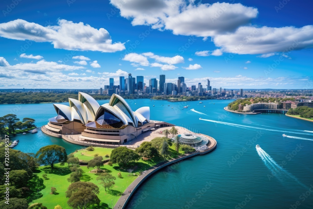 Panoramic view of the Sydney Opera House and the city skyline, Sydney ...