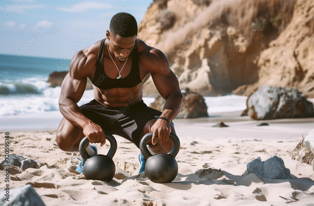 Strong man doing kettlebells on the beach, showcasing strength and ...