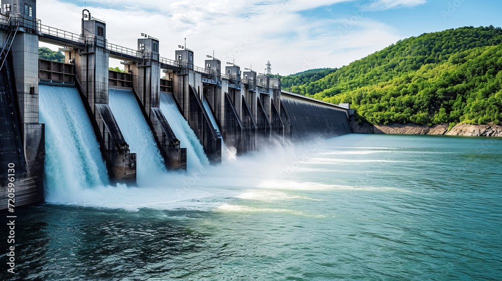 Portrait a large dam with water flowing out. Hydroelectric power plant ...