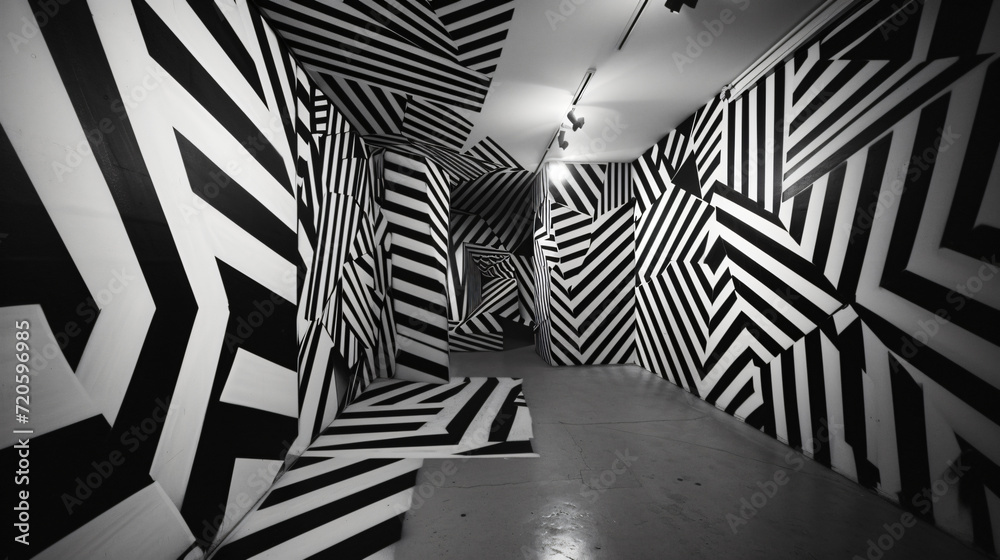 A negative room with walls covered in geometric black and white ...