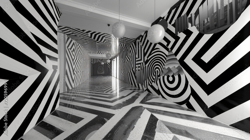A negative room with walls covered in geometric black and white ...