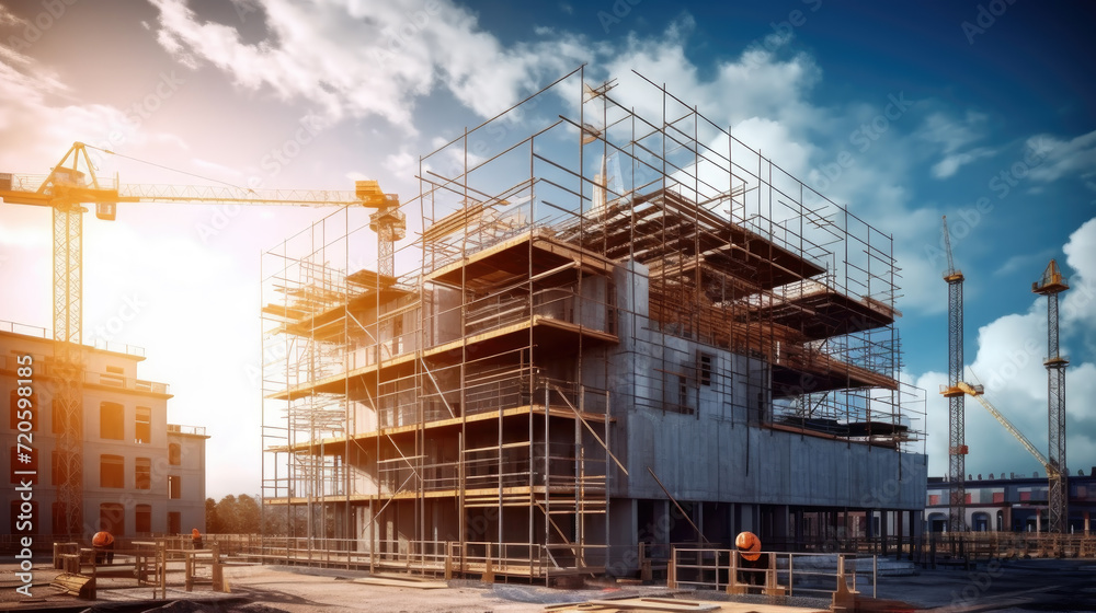 High-rise building under construction. Platform with cranes against ...