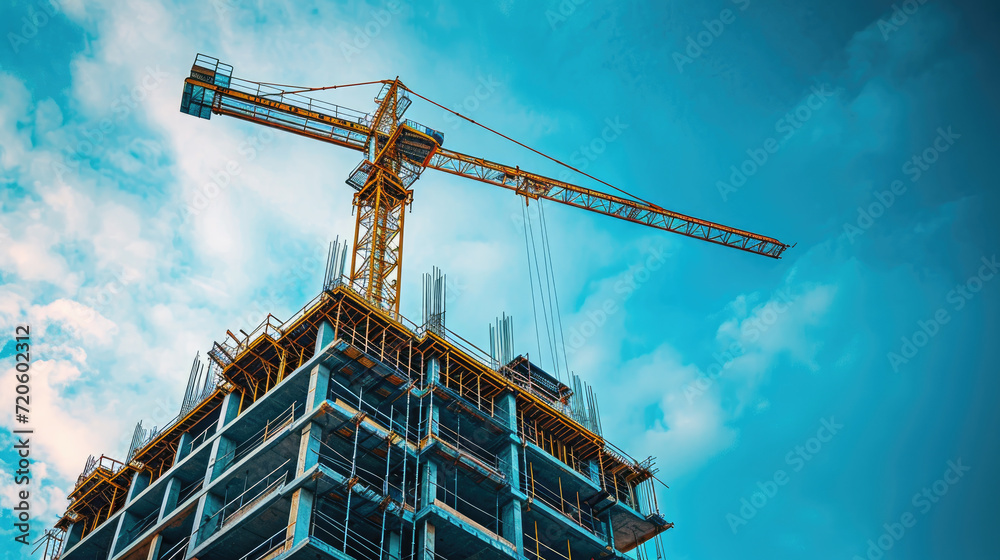 construction site and sunset, structural steel beams build large ...