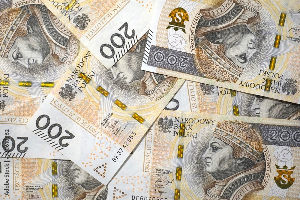 Banknoty o nominale 200 złotych. Kilka banknotów widocznych z bliska ...