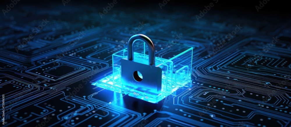 Digital secure connection with padlock on motherboard computer with ...