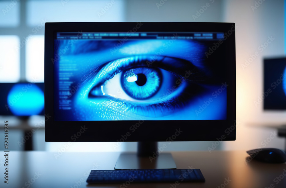 Computer Monitor with Blue Neon Eye on the Screen standing in the ...