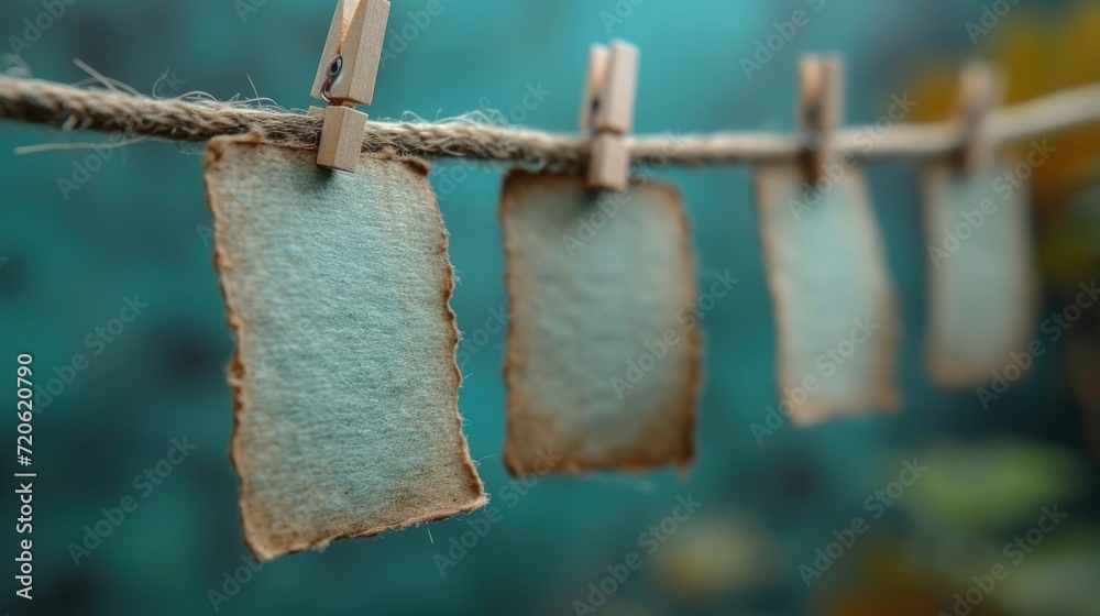 a string of clothes hanging from a clothes line with clothes pins ...