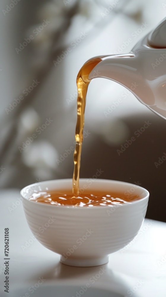porcelain teapot pours a thin, unbroken stream of amber-colored tea ...