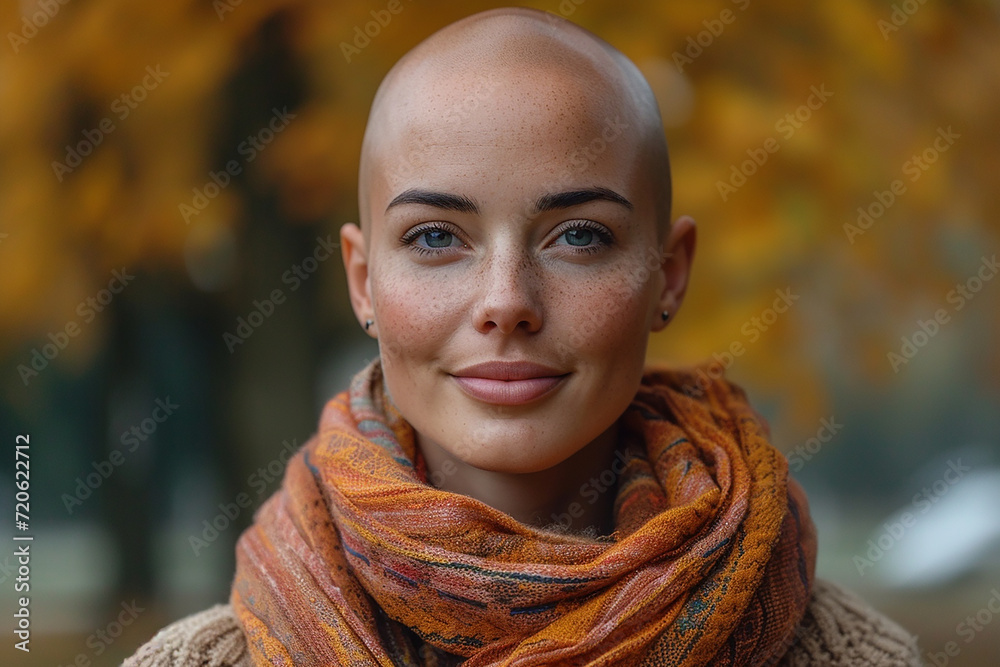 Brave cancer fighter: A bald woman fighting cancer with a smiling face ...