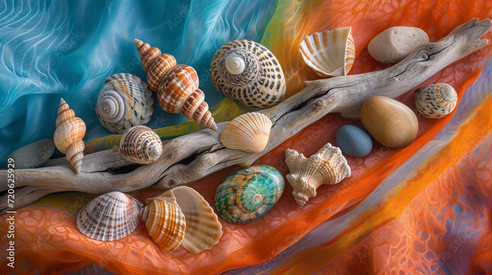 A vibrant still life composition of seashells smooth pebbles and ...