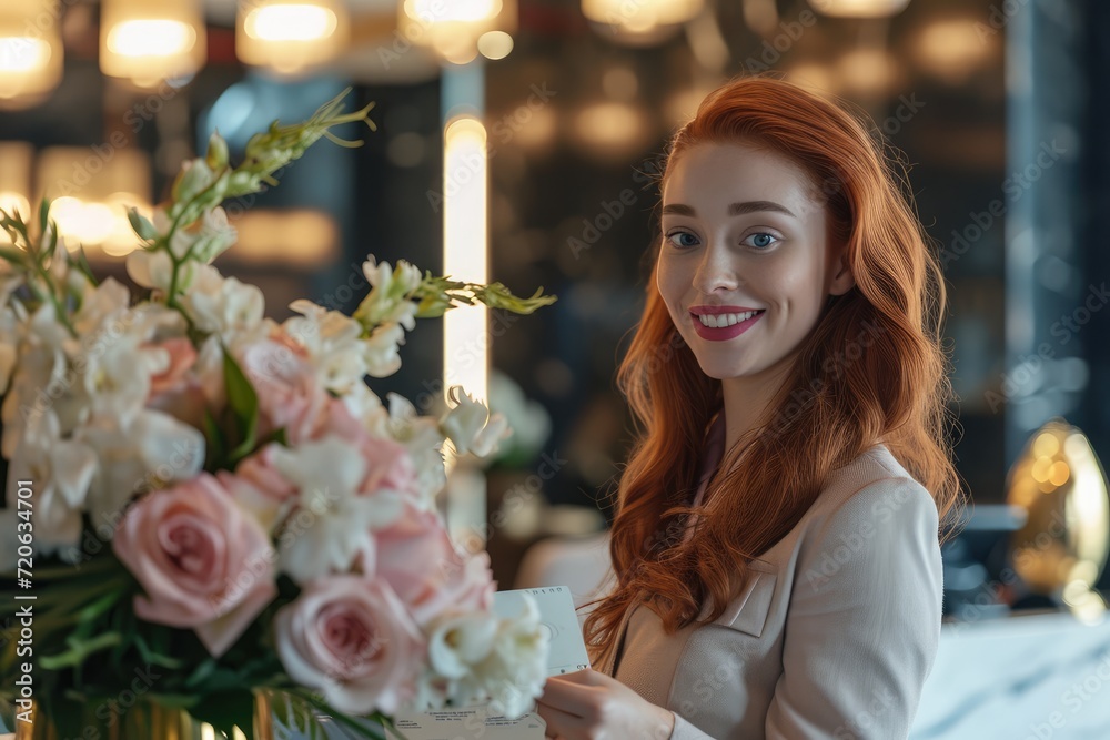 Redhead receptionist taking id card and assisting guests for checking ...