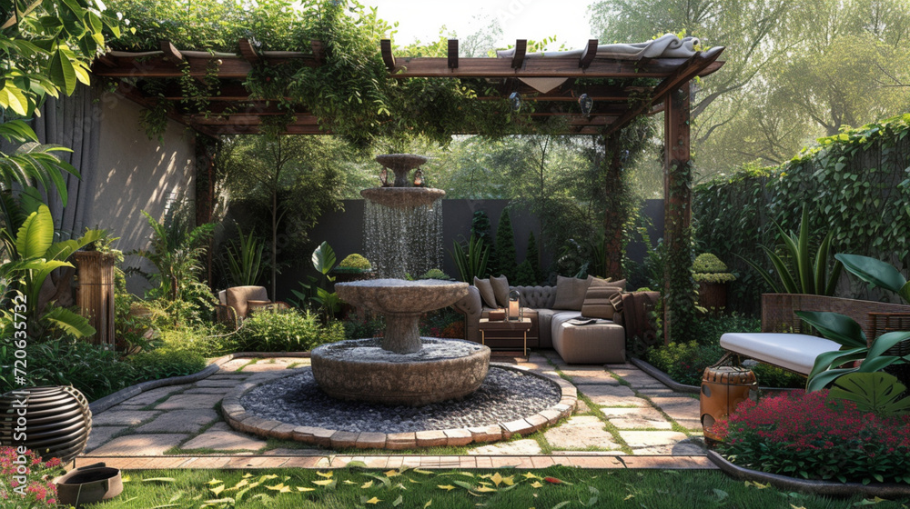 A serene backyard garden with a tranquil fountain, a shaded pergola ...