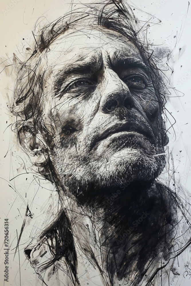Contemplative man in a detailed charcoal drawing Generative AI image ...