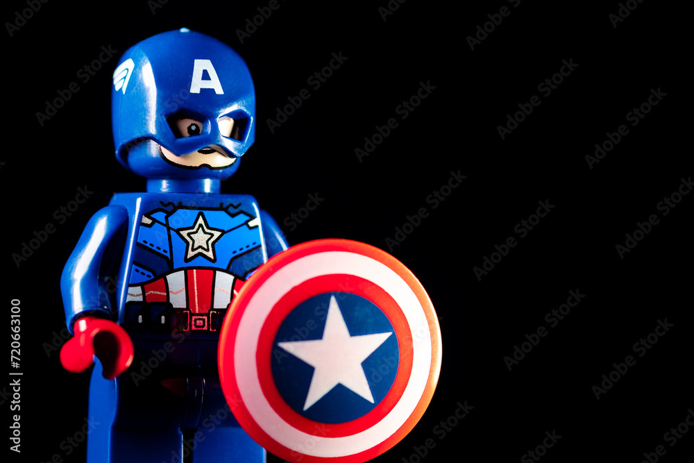 LEGO Marvel's Captain America in a blue helmet with Avengers logo ...