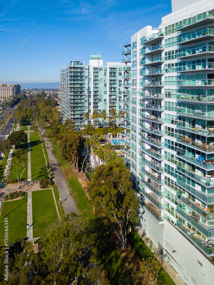 Aerial views above Yvonne B. Burke Park and the Marvin Braude bike path ...