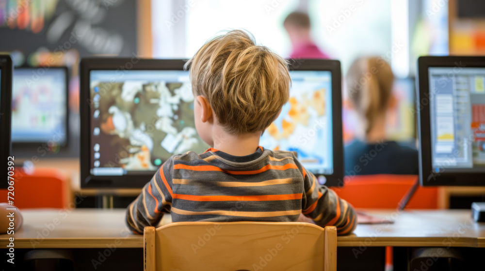 child from behind, focused on a computer screen during a computer class ...