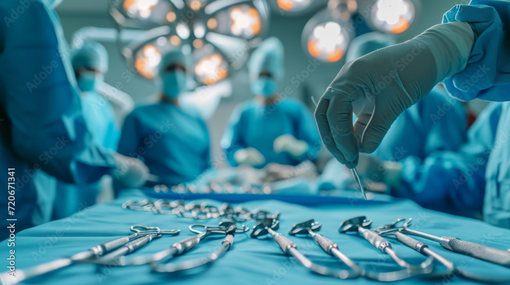 surgical scene with a focus on a surgeon's gloved hands selecting a ...