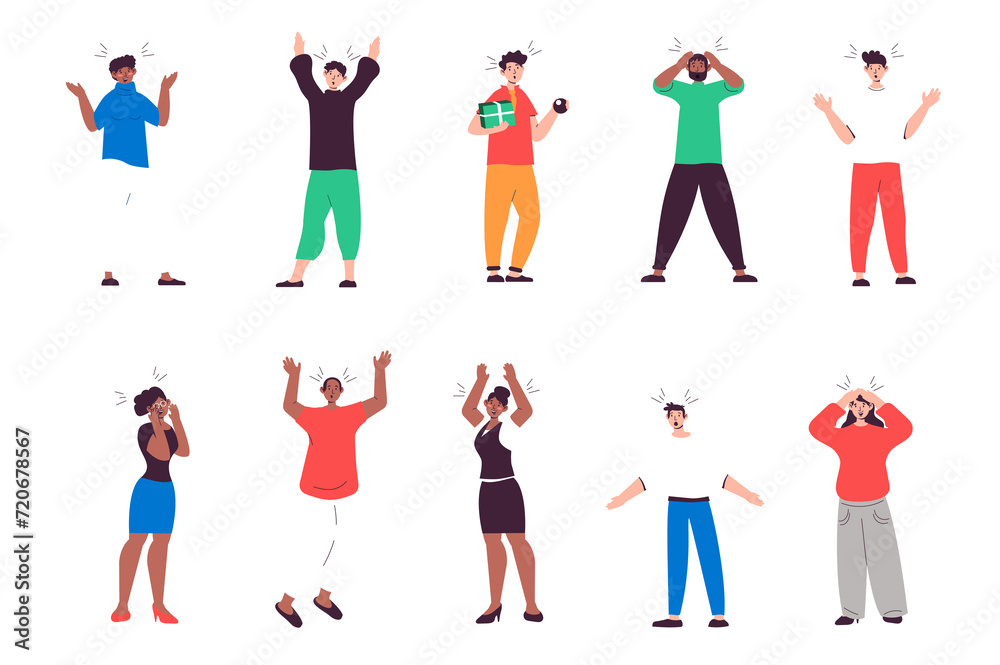 Astonished and surprised people set in flat design. Women and men ...
