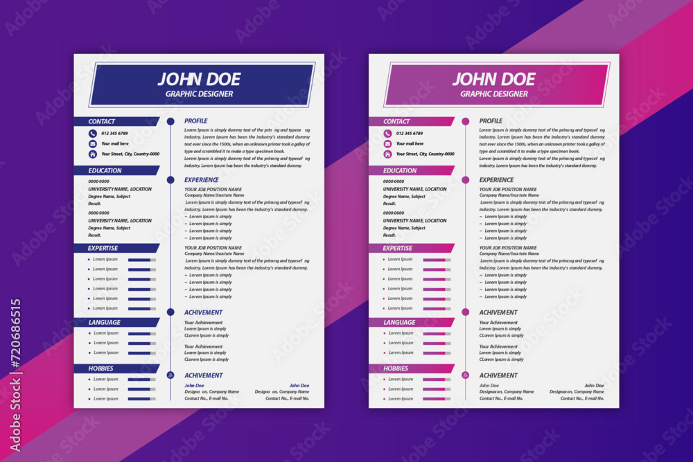 Modern minimal resume template navy blue magenta gradient color ...