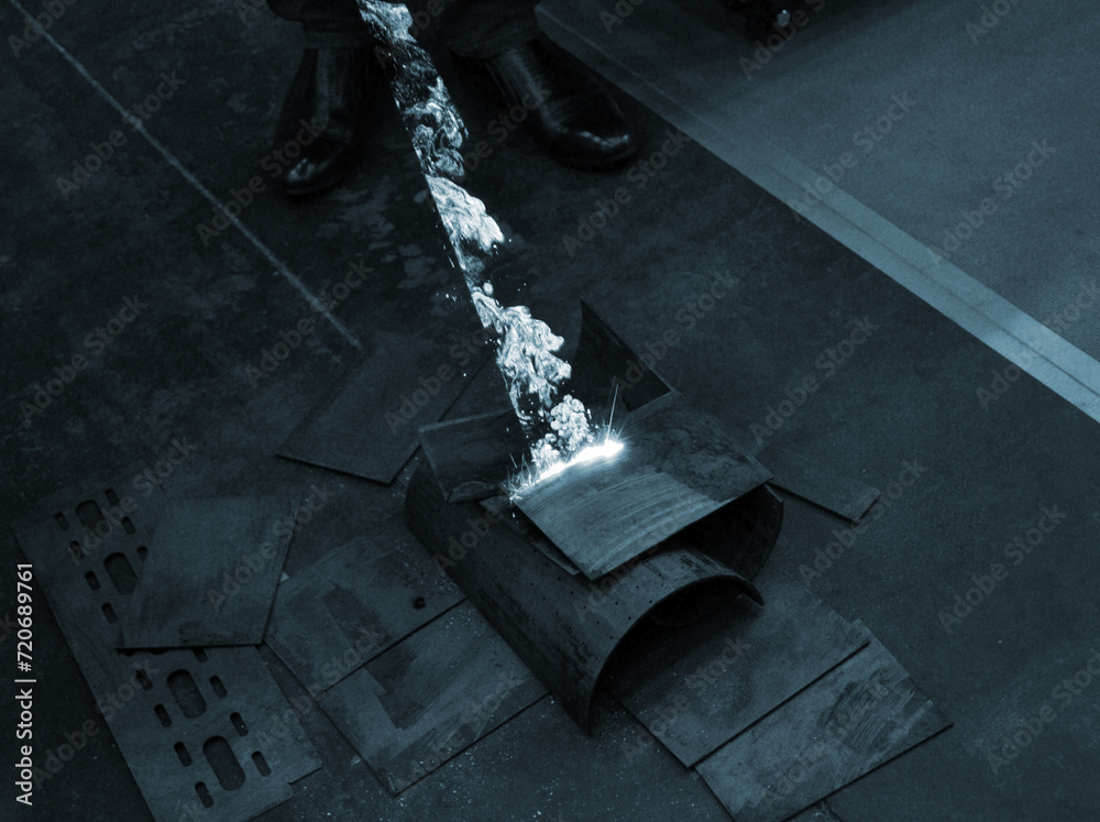 Laser cleaning of metal. The laser beam cleans the metal surface from ...