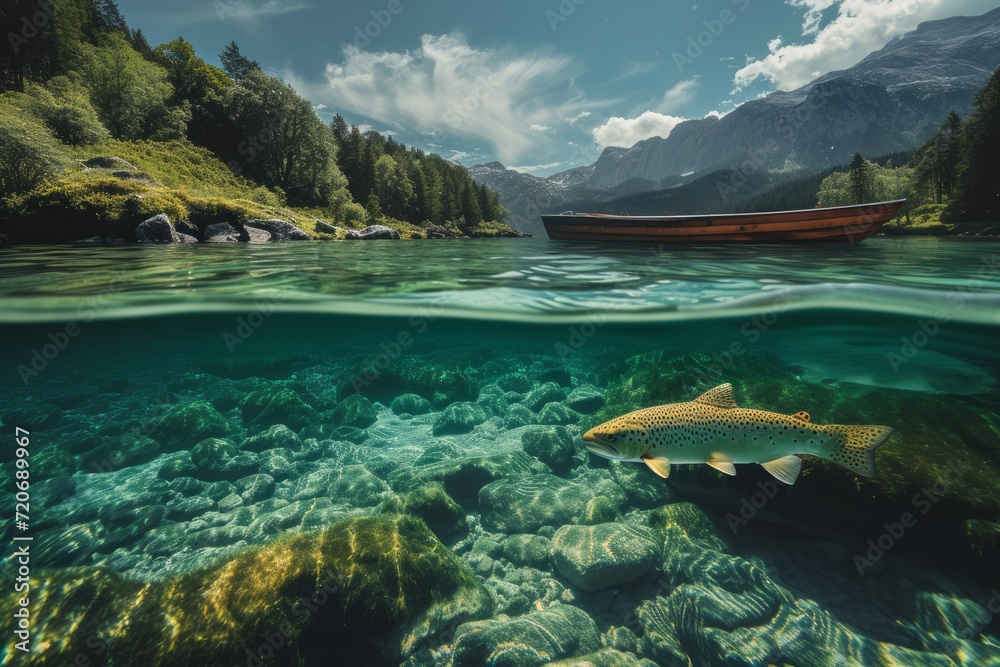 Crystal Clear Lake with Fish and Overhead Boat in Mountain Scenery ...