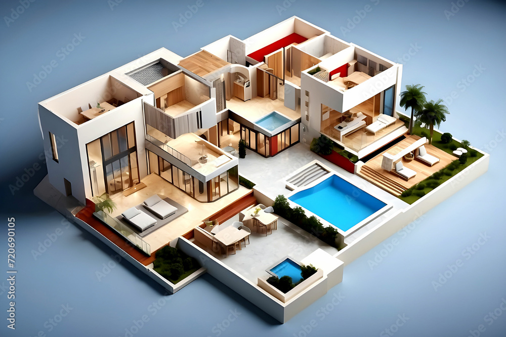 modern house plan 3d view, Modern Interior Design Floor Plan 3d Render ...