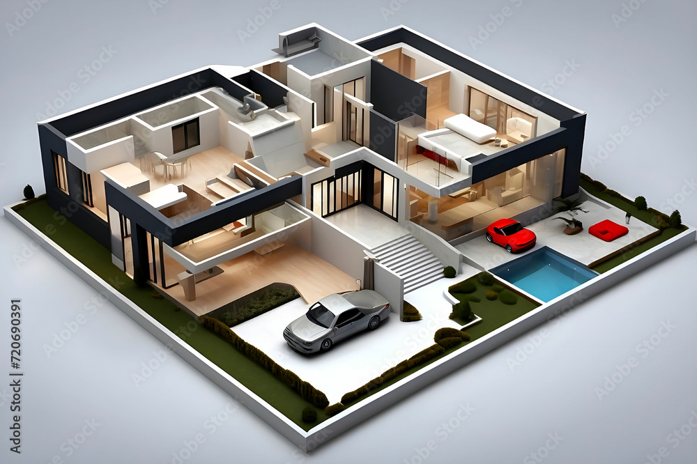 modern house plan 3d view, Modern Interior Design Floor Plan 3d Render ...