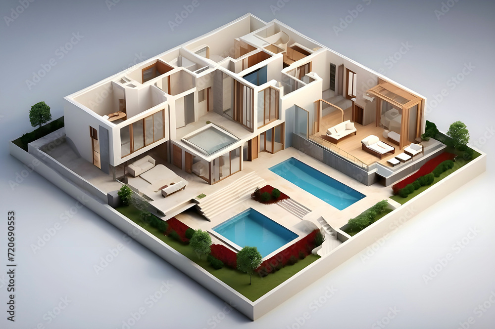 modern house plan 3d view, Modern Interior Design Floor Plan 3d Render ...