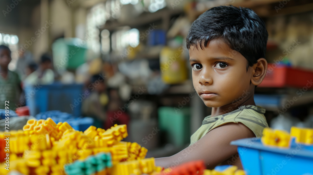 Sad Indian child is producing plastic toy, workshop on the background ...