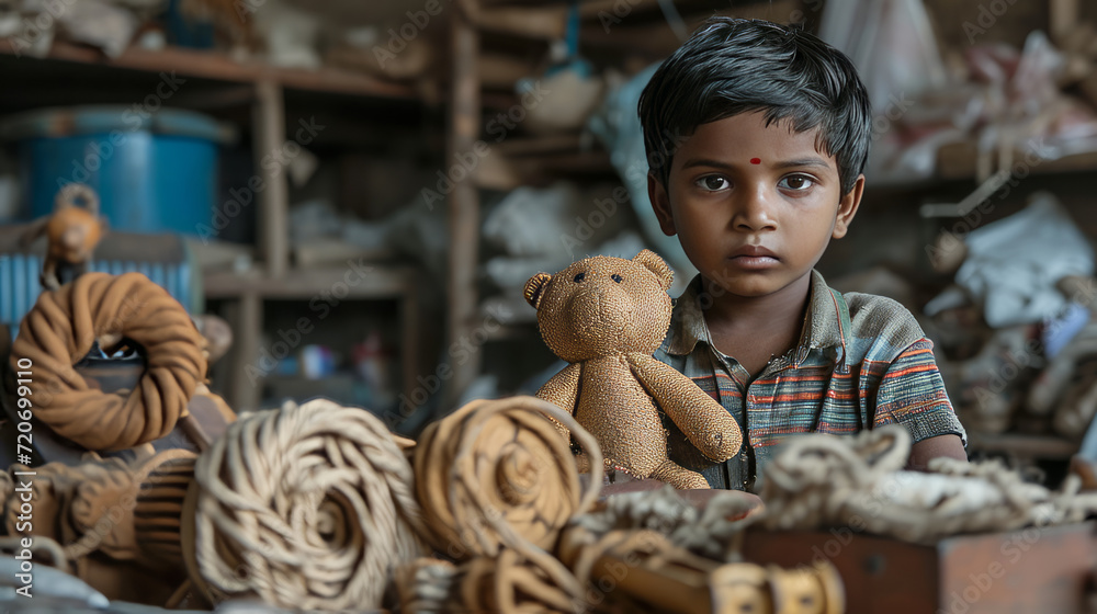 Sad Indian child is producing stuffed toy, workshop on the background ...