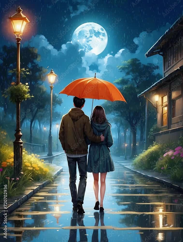 lovely romantic couple walking together under a shared umbrella ...