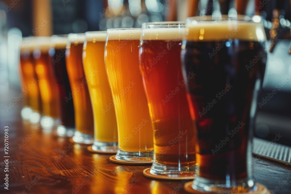 a row of beers lined up next to each other on a bar in Pilsner glasses ...