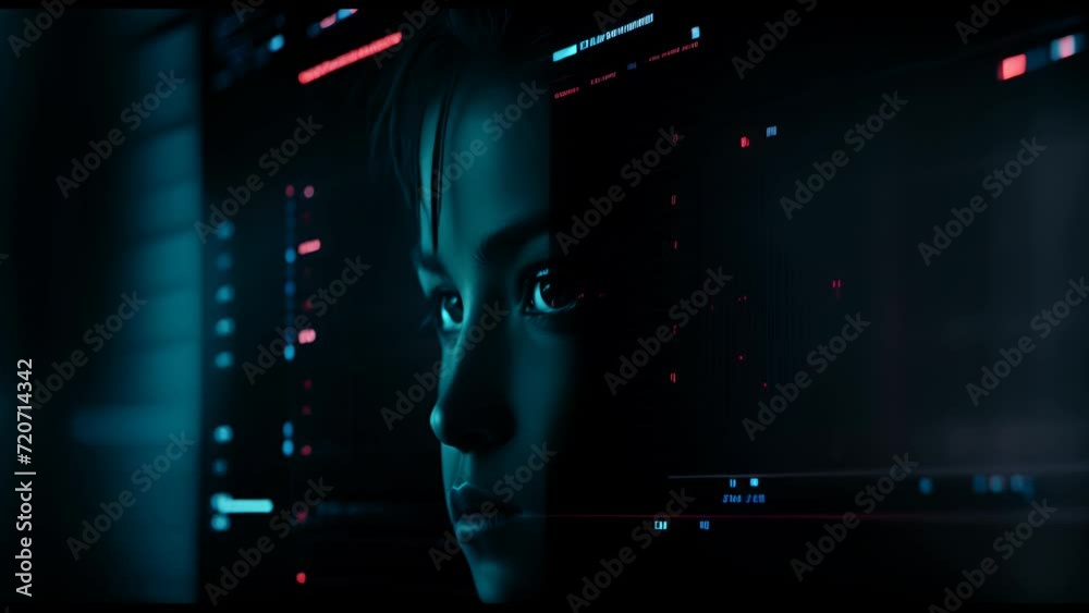 Surveillance monitor display with human face. AI-generated background ...