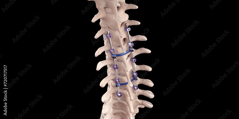 Spine Posterior Thoracic Fusion with Pedicle Screws and Rods on Black ...