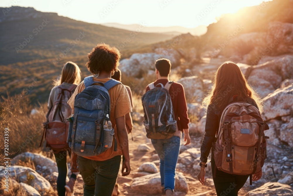 Friends on hiking route traveling together fun activity mountains ...