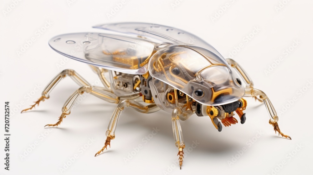 transparent plastic military cyborg insects, circuit gold boards, white ...