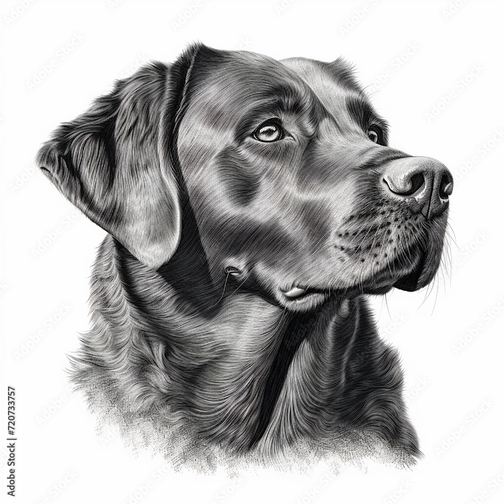 Labrador Retriever, engraving style, close-up portrait, black and white ...