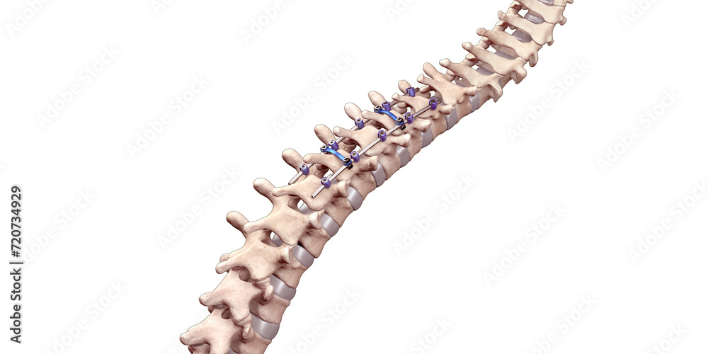 Spine Posterior Thoracic Fusion with Pedicle Screws and Rods on White ...