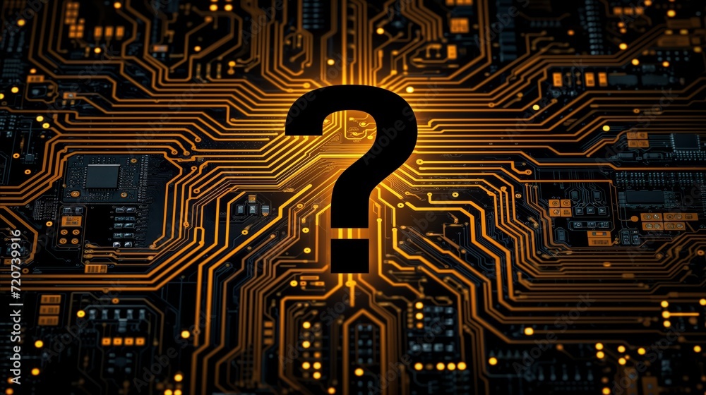 Digital question mark on circuit board background illustrating ...