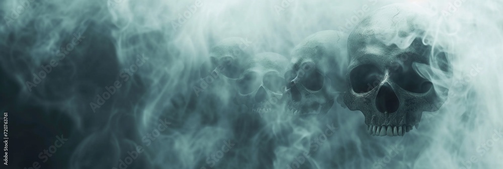 Banner with ghost skulls. Illustration horror background with a mist ...