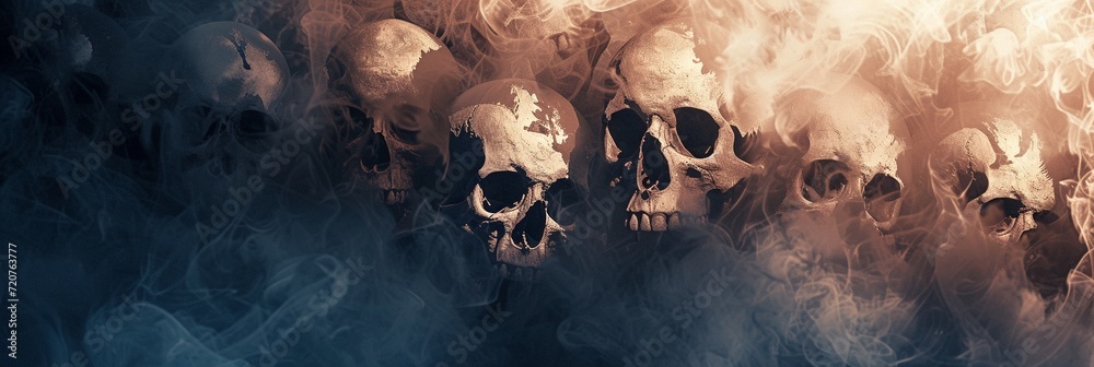Banner with ghost skulls. Illustration horror background with a mist ...