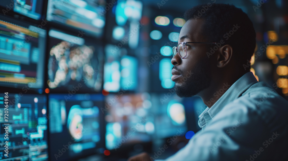 Portrait of a Black Man Working on Computer, Typing Lines of Code that ...